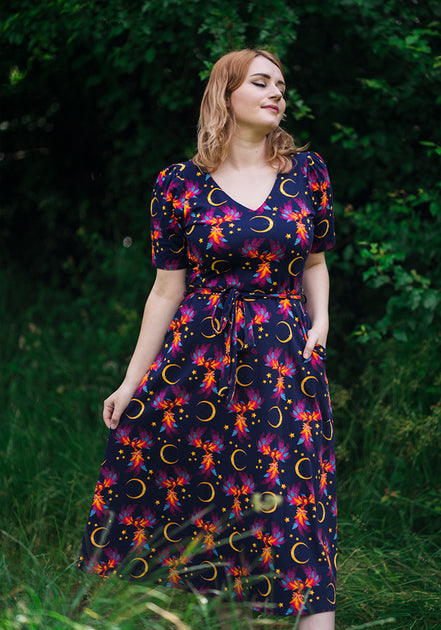 Palmer Purple Phoenix Print Cotton Midi Dress – Popsy Clothing